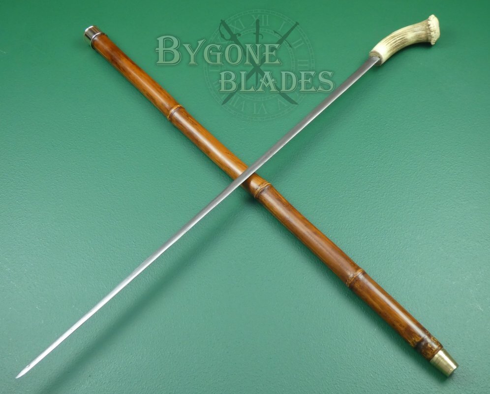 Antique Antler Handled Sword Cane. Double Edged Blade | Bygone Blades